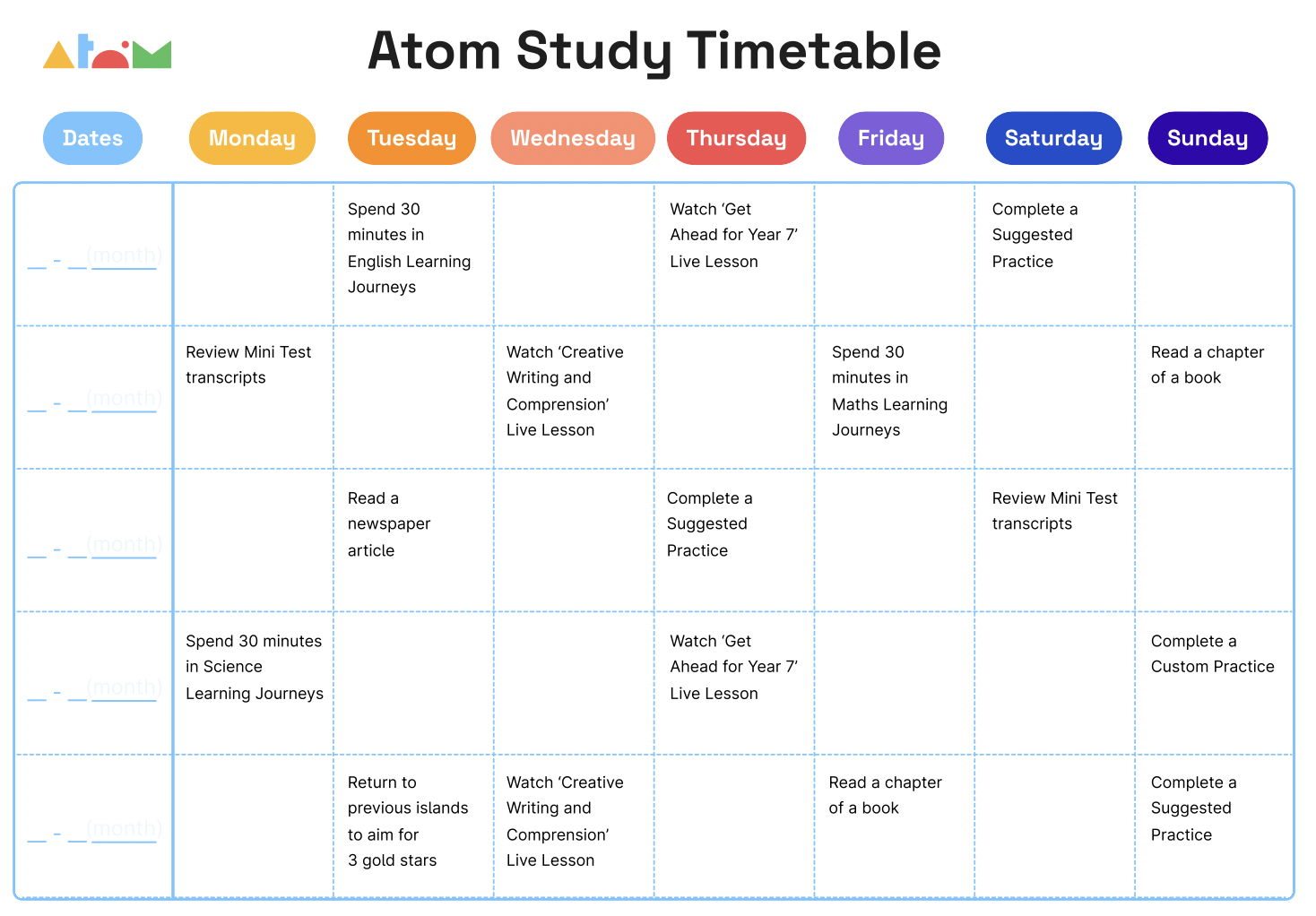Atom Learning's Study Timetable