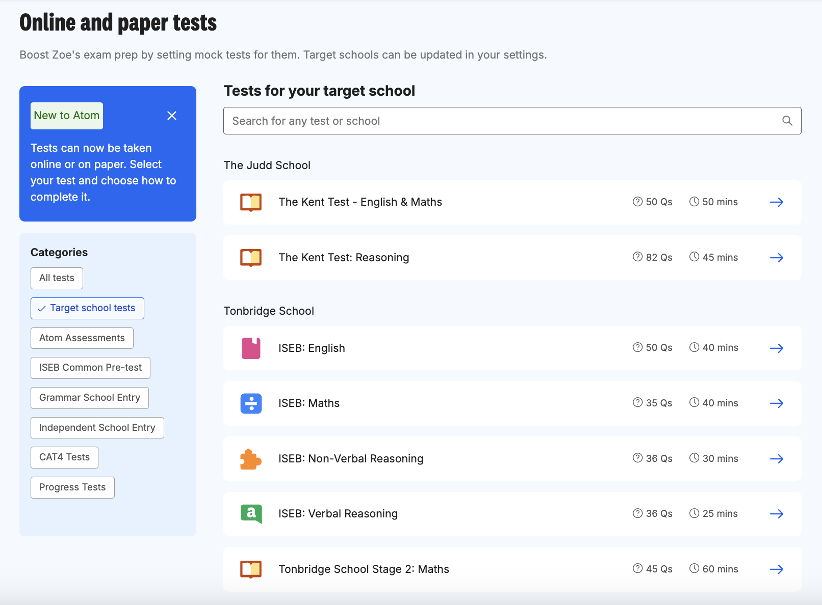 Unlimited paper tests on Atom Home