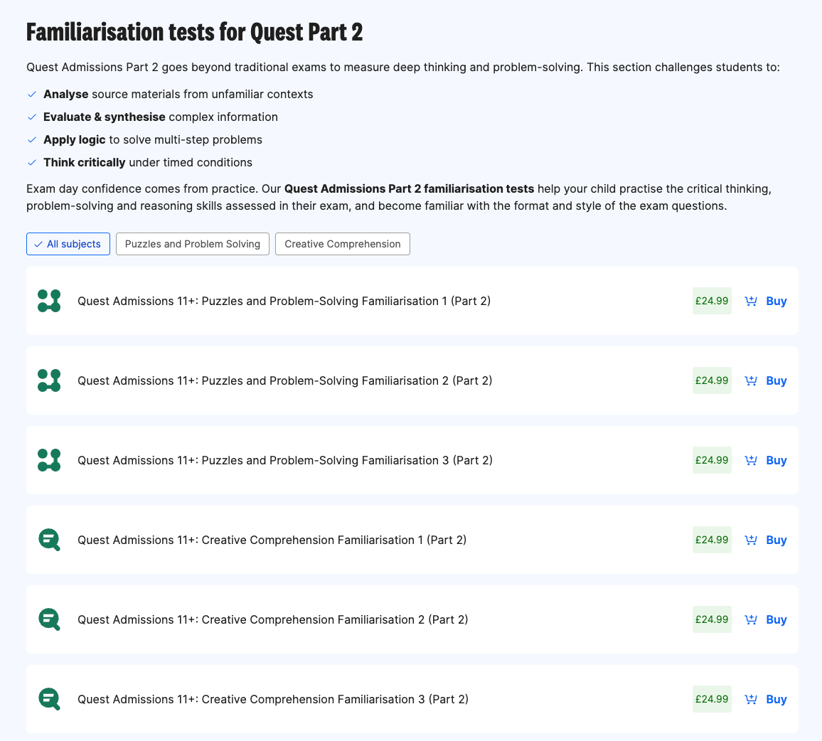 Familiarisation Tests for Quest Admissions Part 2